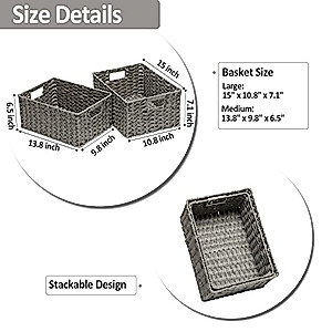 ROSOS Wicker Baskets 2 Pack, Wicker Storage Basket with Handles, Large Wicker Baskets for Storage, Waterproof Wicker Baskets for Organizing, Large Storage Baskets Wicker 15" and Medium 14", Grey