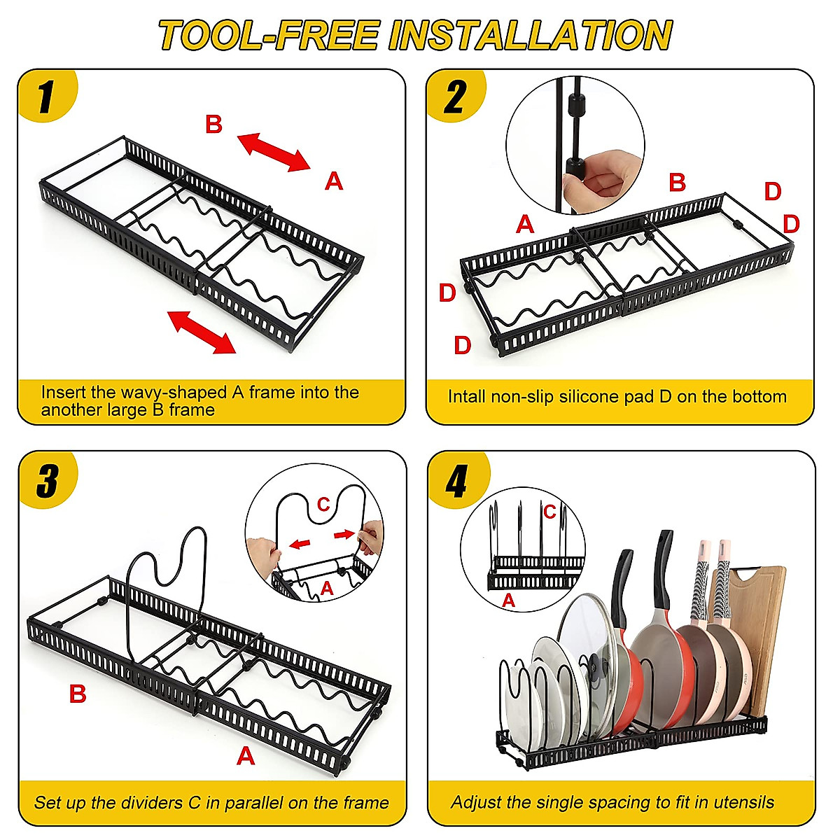 Pots and Pans Organizer Lid Organizer Dishes Bakeware Storage Rack Expandable Black Rack Holder with 10PCS Adjustable Compartment for Kitchen Cabinet Cupboard Drawer Counter