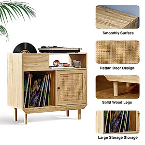 Vintage Record Player Stand, Vinyl Record Storage Table ,Turntable Stand Record Player Cabinet with Storage, Vinyl Record Player Stand with Rattan Door, Printer Stand with Open Storage Shelves-Natural