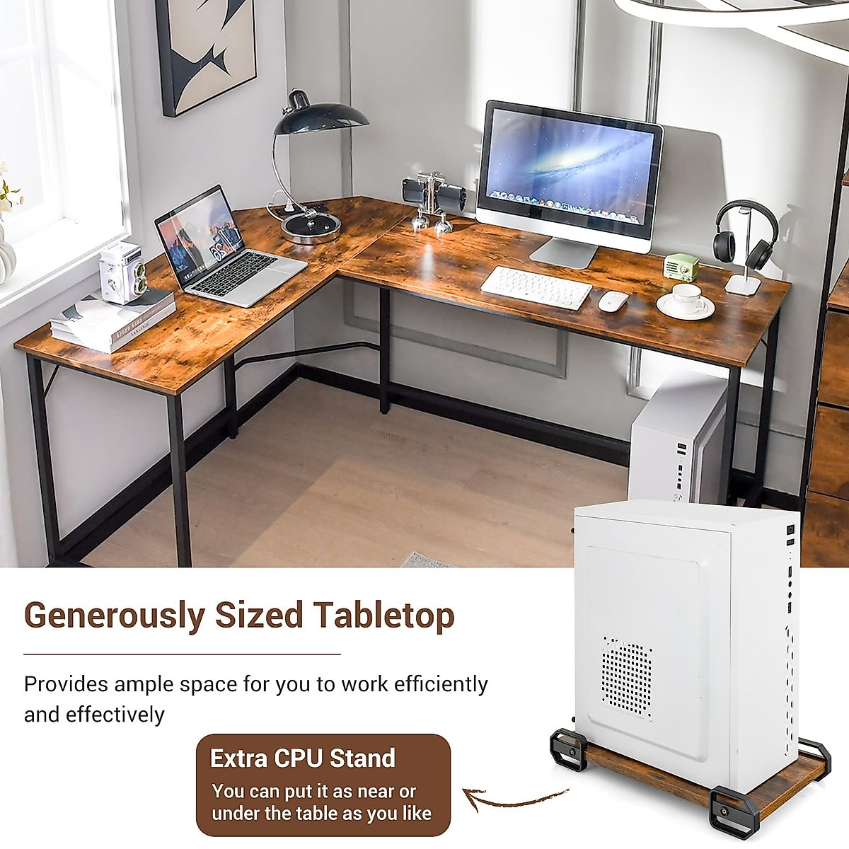 COSTWAY L-Shaped Desk with CPU Stand, 66 Inch Wooden Top Space-saving Corner Desk w/Metal Frame, Large Computer Gaming PC Desk, Writing Table Study Desk for Bedroom, Study, Office (Rustic Brown)