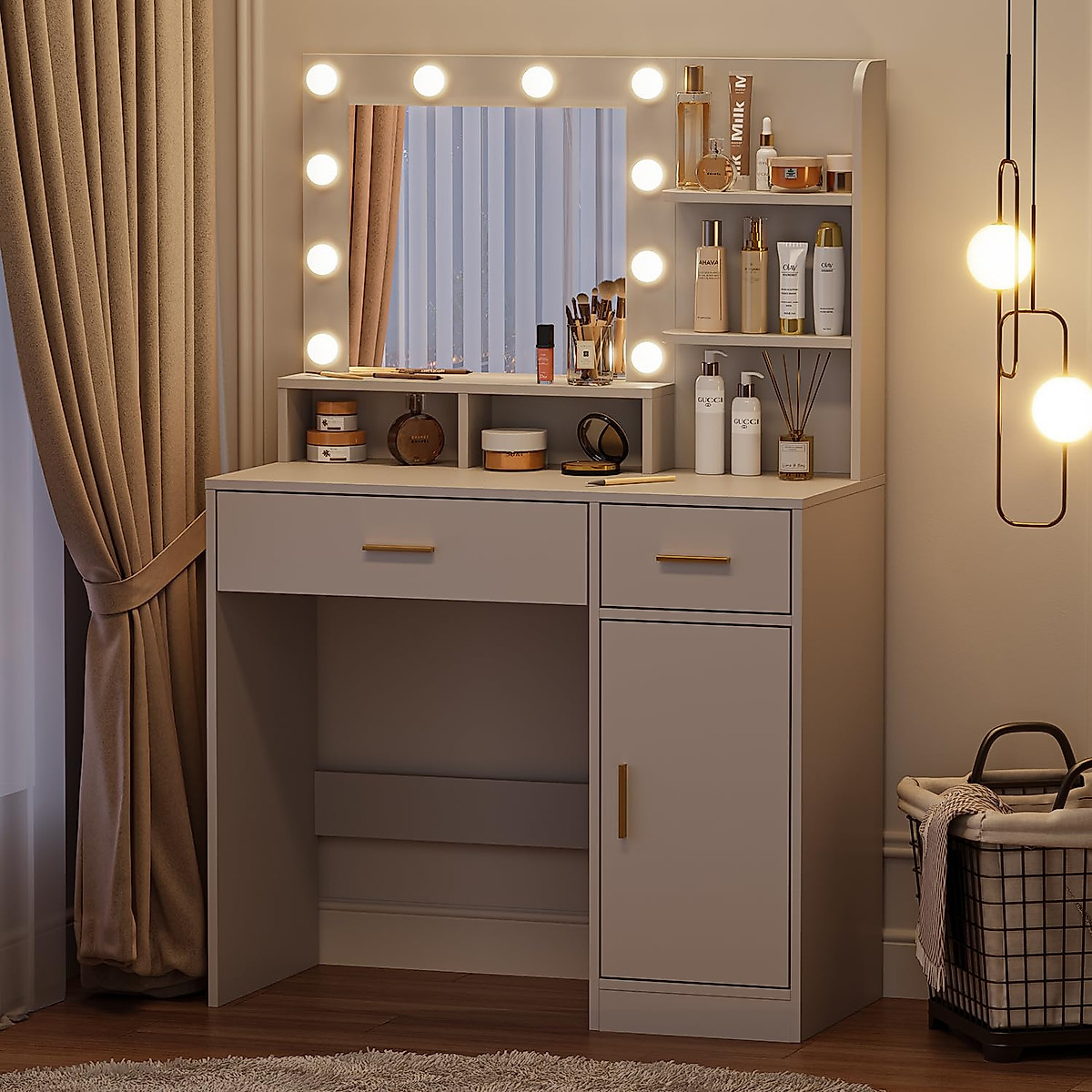 OTDMEL Makeup Vanity Desk, Vanity Table with Mirror & Lights, 35" W Vanity Set with 2 Drawers & Shelves Cabinet,3 Color Modes & Adjustable Brightness Dressing Table for Bedroom, White