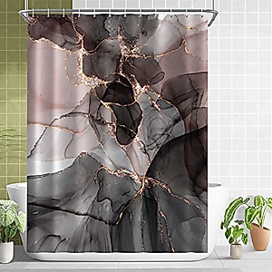 Seorsok Pink Gold Marble Shower Curtain Sets 4 Piece with Rugs,Black Pink Gold Bathroom Sets with Shower Curtain and Rugs and Accessories, Modern Bathroom Decor with Bath Mats and 12 Plastic Hooks