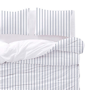 Wake In Cloud - Striped Comforter Set, Ticking Stripe Vertical Pinstripe Neutral Farmhouse Pattern Printed, Soft Lightweight Bedding, 3 Pieces, Navy White, Queen Size