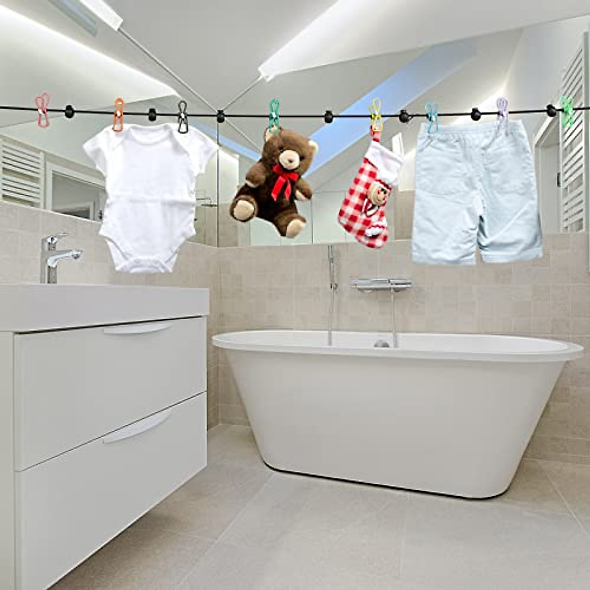 HISAFA 2 Pack Portable Travel Camping Elastic Clothesline with 12 Colorful Clothespins Windproof Stretchy Retractable Clothes Line Laundry Drying String Rope with 2 Carrying Bags Outdoor and Indoor