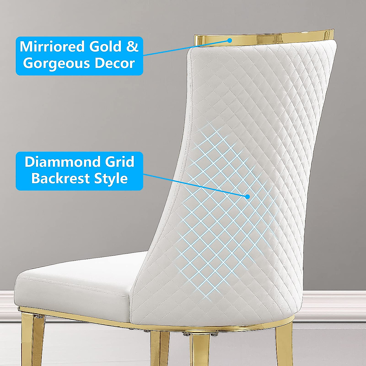 AZhome White and Gold Dining Chairs Set of 4, White Velvet Dining Room Chairs with Reticulate Texture Back and Metal Trim Top, Upholstered Chairs with Gold Stainless Steel Legs