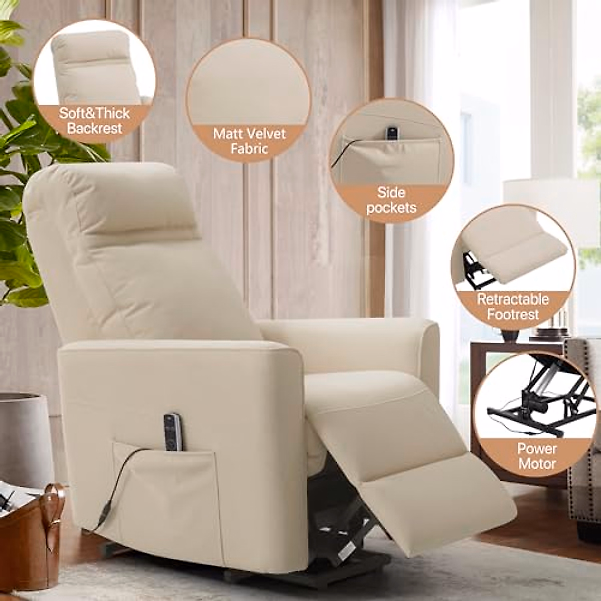 Wichvens Power Lift Recliner Chair with Massage,Multi-Angle Adjustment Seat,Mattevelvet Fabric Reclining Single Sofa with Side Pocket& Remote Control for Living Room,Bedroom,Office(Beige)