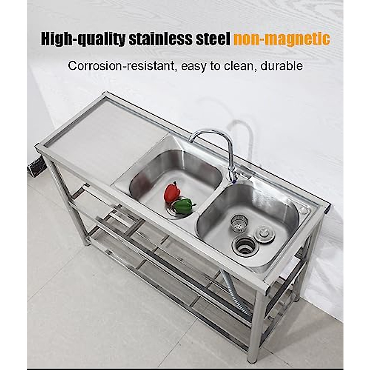 Commercial Kitchen Sink 304 Stainless Steel Sink w/Compartment Free Standing Utility Sink Size 120x45x80cm 47.2x17.7x31.5in for Restaurant, Kitchen (2 bowls)