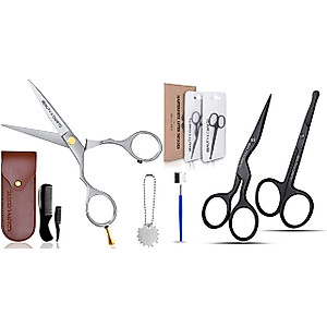 Beauty & Craft Pack of 2 Japanese Beard Mustache Scissors including beard & Mustache Combs and German Eyebrow Nose Scissors including Comb Brush, Complete grooming kit for facial hairs.