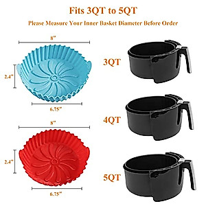 Stron-Dura 2 Pack Air Fryer Liners for 3 to 5 QT, Air Fryer Silicone Liners ，Easy clean Reusable Silicone Air Fryer Liners, Blue + Red, (Top 8in, Bottom 6.75 In)