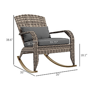 Outsunny Outdoor Wicker Adirondack Rocking Chair, Patio Rattan Rocker Chair with High Back, Seat Cushion, and Pillow for Garden, Porch, Balcony, Gray
