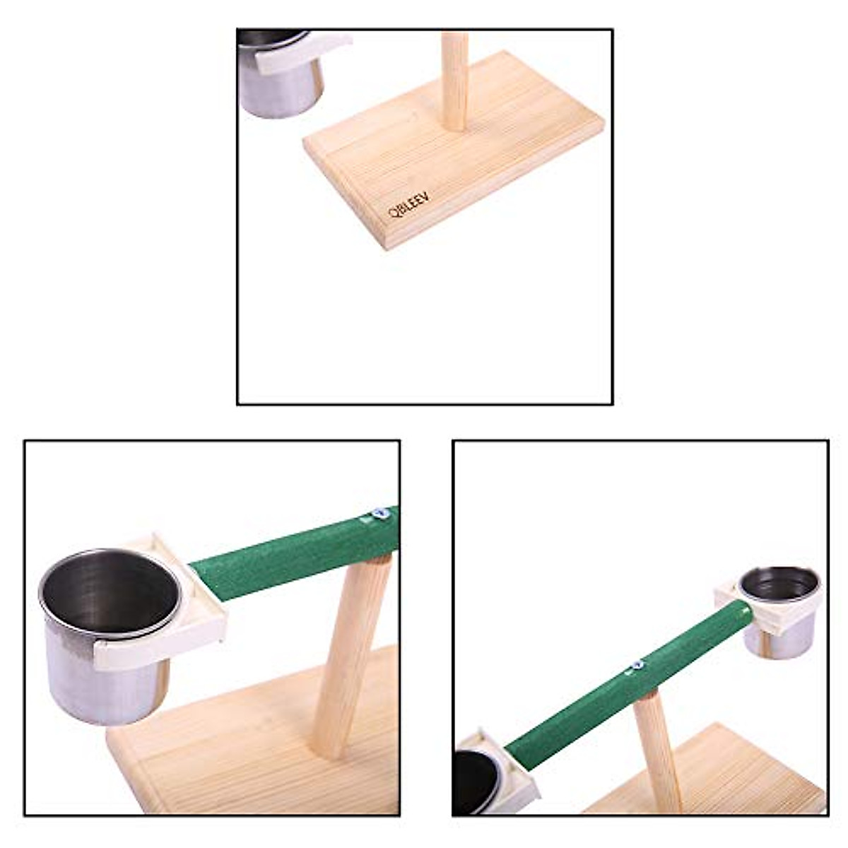 QBLEEV Bird Play Stands with Feeder Cups Dishes, Tabletop T Parrot Perch, Wood Bird Playstand Portable Training Playground, Bird Cage Toys for Small Cockatiels, Conures, Parakeets, Finch