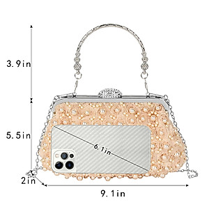 Women Mini False Pearls Evening Handbag Clutch Metal Top-handle Bag Chain Strap Cross-body Bag
