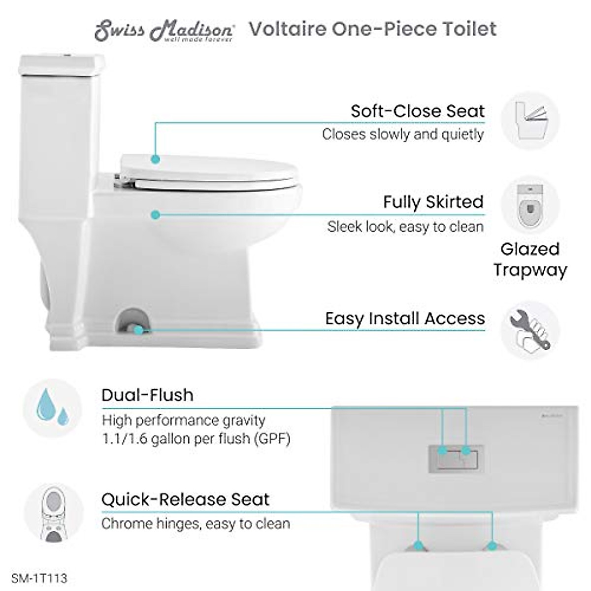 Swiss Madison Well Made Forever SM-1T113 Voltaire One Piece Elongated Toilet Dual Flush 0.8/1.28 GPF, White