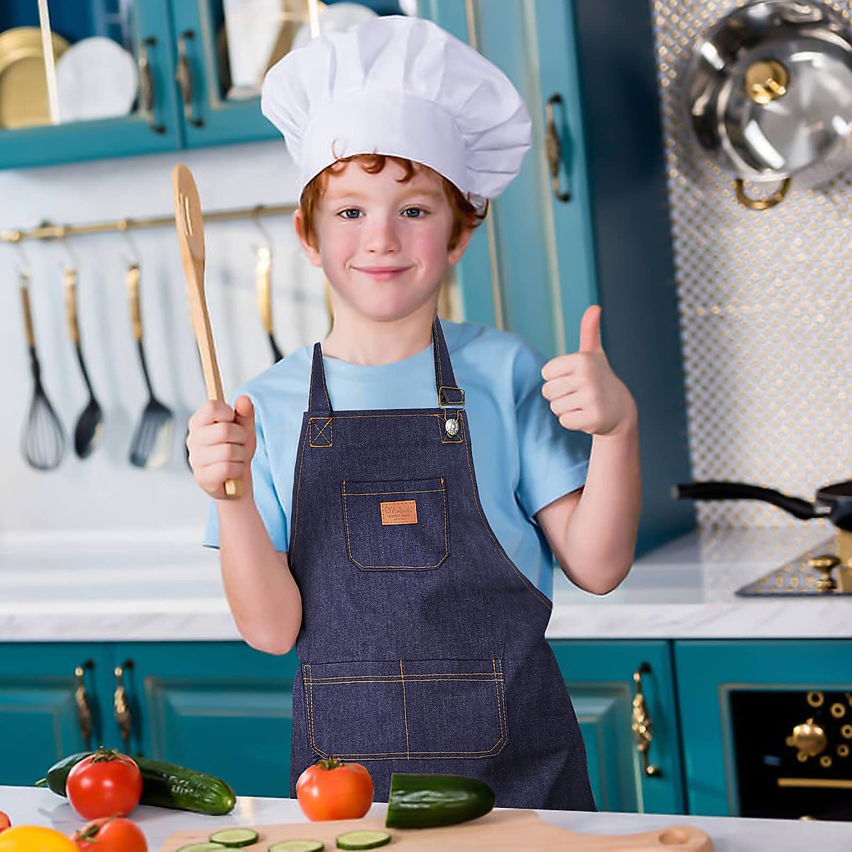 lazynice Kids Apron Kids Jeans Apron For Boys, Girls Apron Chef Cotton Denim Apron With 3 Pockets Kitchen Cooking Baking Wear, Gardening,Painting, BBQ, Art,DIY,Drawing