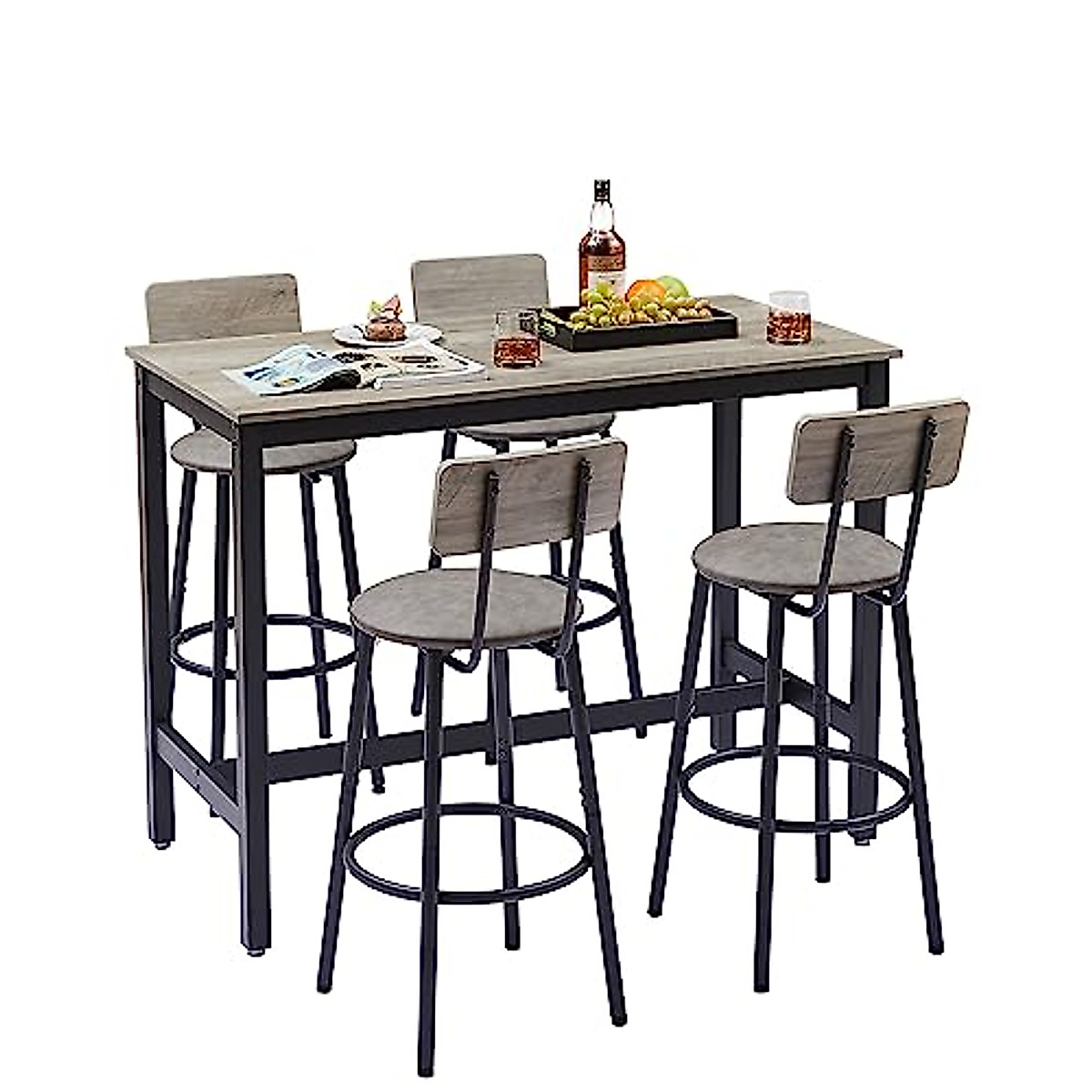 OGAOL Bar Table and Chair Sets for 4, 5 Pieces Industrial Counter Height Pub Table and 4 PU Soft Stools with Back&Adjustable Feet, 47" Dining Table and Chairs for Restaurant,Living Room (Gray, 47")