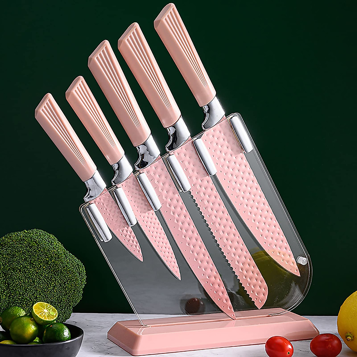 CHUYIREN Pink Knife Set of 6, Pink Kitchen Knives Sets with Knife Block, Chef Knife Set for Kitchen, Camping, Dorm, Picnicking, BBQ Dining Products