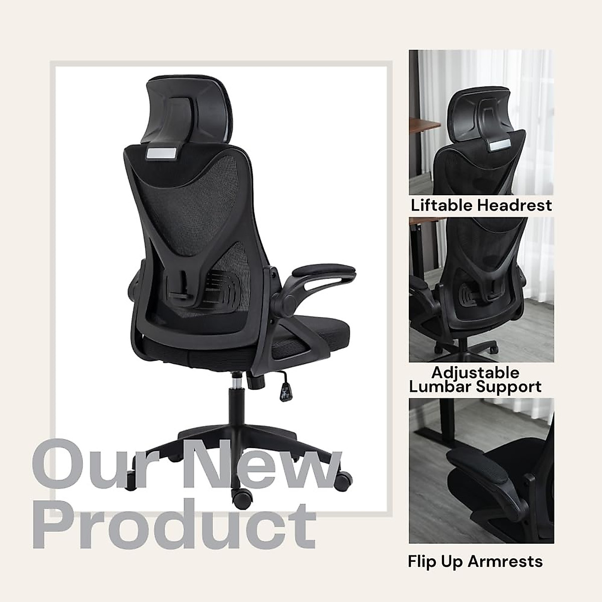 Ergonomic Office Desk Chair with Wheels High Back Computer Task Chair Home Mesh Swivel Desk Chair with Adjustable Back Height Flip up Arms Lumbar Support Headrest for Home/Study/Working