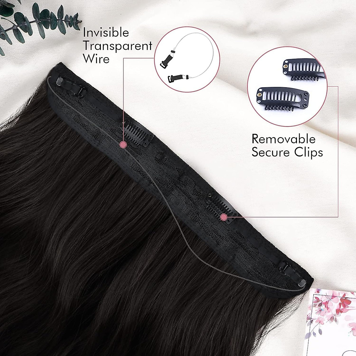 REECHO 20" Invisible Wire Hair Extensions with Transparent Headband Adjustable Size Removable Secure Clips in Curly Wavy Secret Hairpiece for Women - Dark Brown with Caramel Highlights