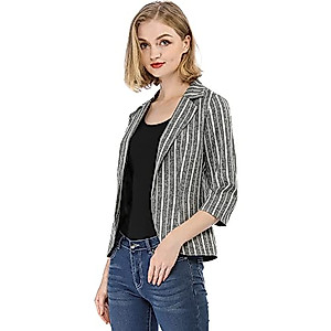 Allegra K Women's Striped 3/4 Sleeves Open Front Notched Lapel Blazer M Black