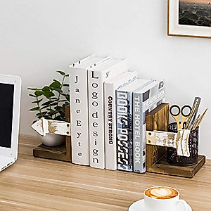MyGift Rustic Burnt Solid Wood Decorative Bookend with Whitewashed Arrow Design, Office Desktop Book Support Stand, 1-Pair