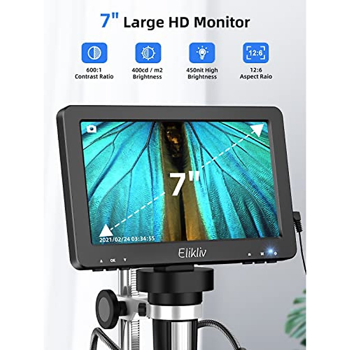 Elikliv 7" LCD Digital Microscope 1200X, 1080P Coin Microscope with Wired Remote, 12MP Ultra-Precise Focusing, 10 LED Fill Lights, PC View, Metal Stand, Windows/Mac Compatible, 32GB