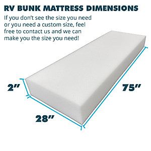 Foamma 2" x 28" x 75" High Density RV Bunk Mattress Replacement, Firm, Durable, Premium Comfort, USA Made, No Cover