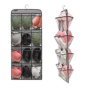 ANZORG Dual Sided Hanging Shoe Organizer for Closet with Rotating Hanger Hanging Shoe Rack Holder with 24 Large Pockets (GREY-Clear Pockets)