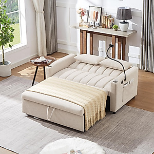 LUMISOL 3-in-1 Convertible Sleeper Sofa Bed, 55.9" Loveseat Pull Out Bed with USB Ports, Cup Holders, Swivel Stand & Storage Pockets, Modern Tufted Sofa Bed with Pillows, Beige