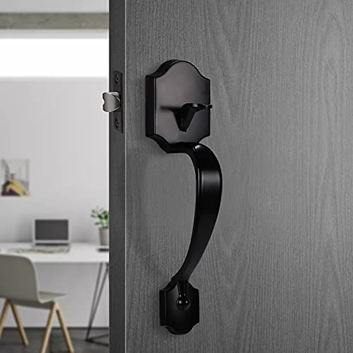 home improvement direct Camelot Trim Lower Half Handleset, Flat Black Entry Door Handle with Accent Wave Door Lever for Electronic Keypad with Drop Interior Left Handed Lever