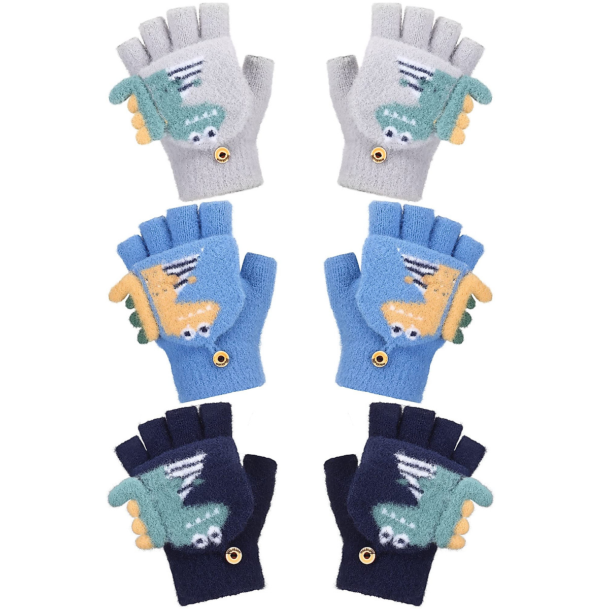 Bencailor 3 Pair Convertible Mittens Kids Knitted Warm Fingerless Gloves Toddler Cartoon Gloves with Mitten Cover for Boy Girl (Blue, Navy, Gray, Dinosaur)