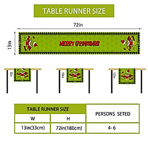 FARMNALL Linen Green Christmas Table Runner Merry Grinchmas Tablecloth Christmas Xmas Winter Holiday Home Kitchen Table Decorations 13x72 Inch