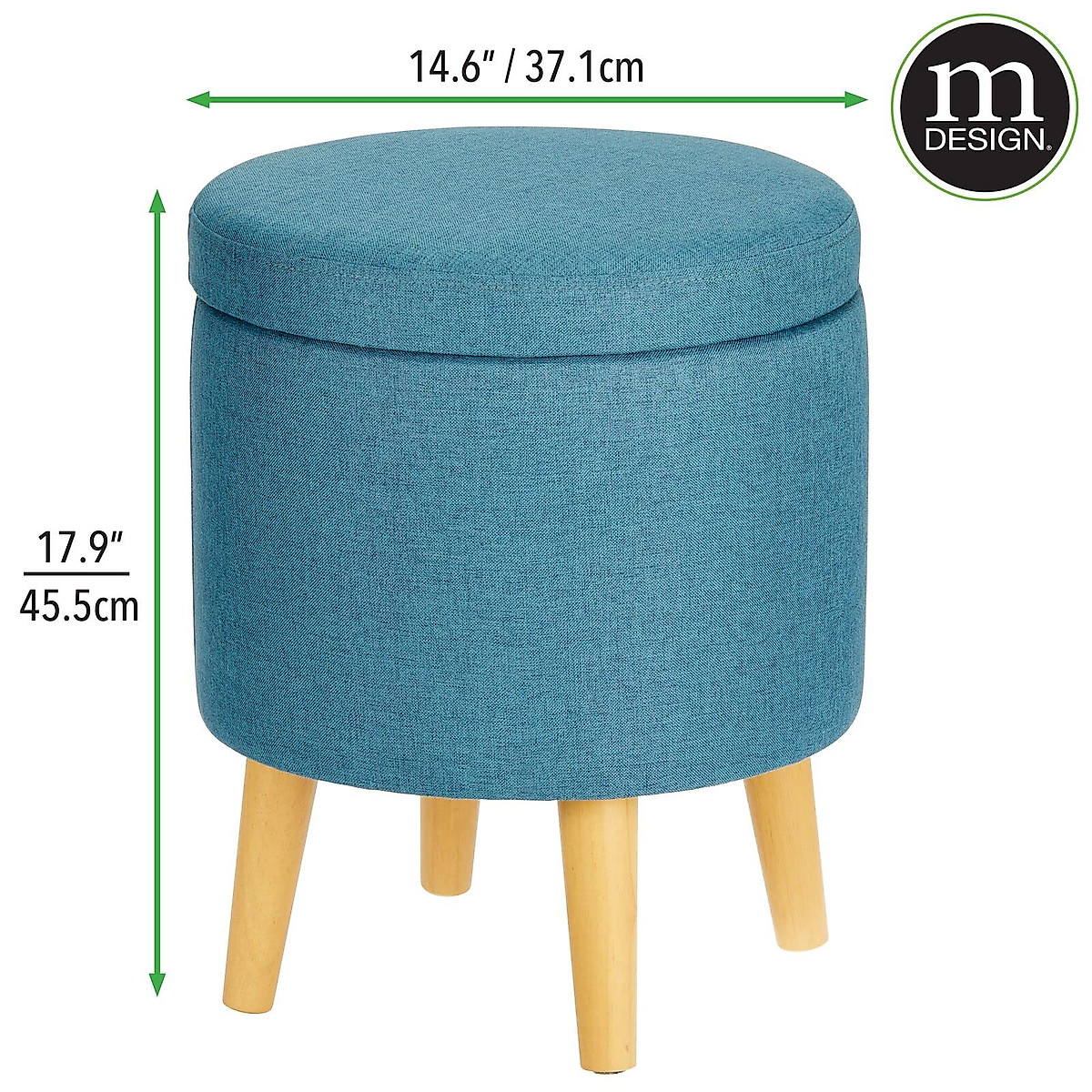 mDesign Round Storage Ottoman Foot Rest Chair - Small Stool Furniture Organizer and Seat with Wood Legs for Dorm, Living Room, Office, Closet, Vanity, Bedroom, or Desk - Teal Blue
