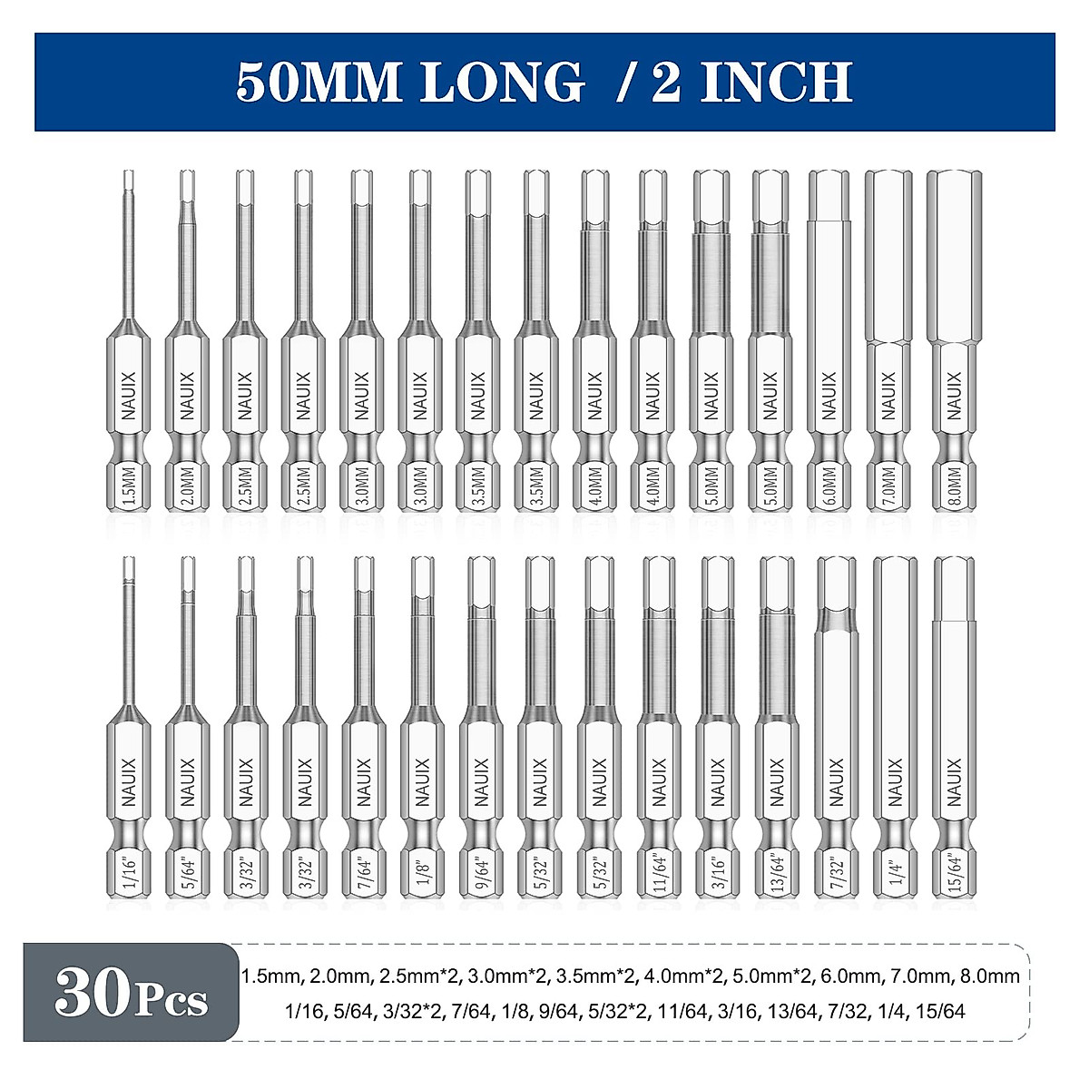 30 Piece Hex Head Allen Wrench Drill Bit Set, 1/4 Inch Hex Shank Metric and SAE S2 Steel Hex Bit Set, Magnetic Tips 50mm Long (SAE+METRIC HEX BITS)