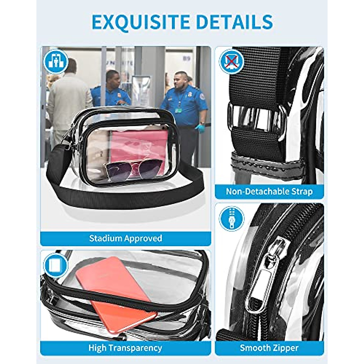 Clear Bag Stadium Approved PVC Clear Crossbody Bag Clear Purse with Front Pocket for Work Concert Security Travel Sports Black