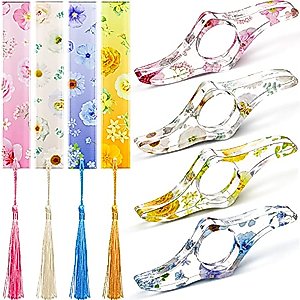 8 Pieces Flower Acrylic Bookmarks Book Page Holder Floral Bookmarks with Colorful Tassels Thumb Ring Page Holder Transparent Page Holders for Reading Students Teachers Book Lovers Women