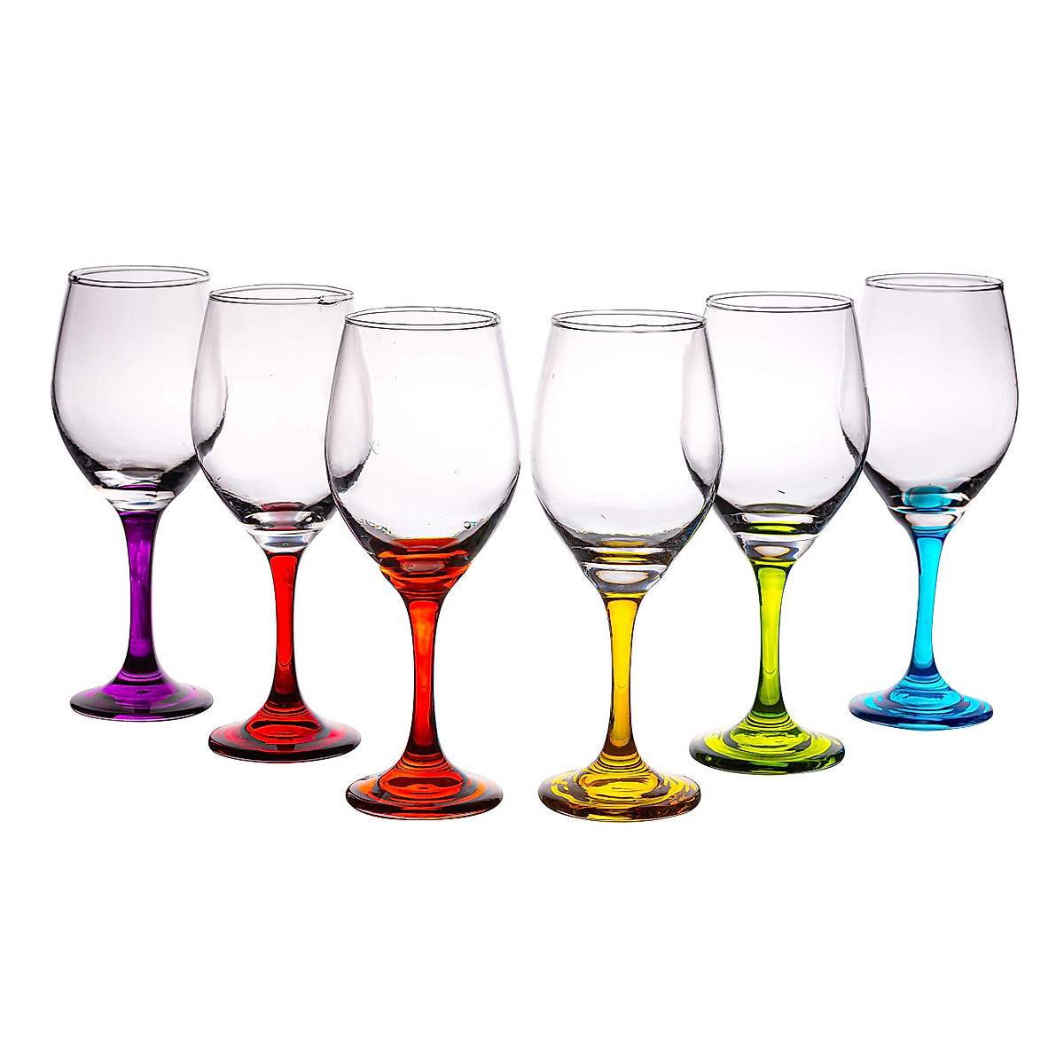 Trinkware Colored Stem Wine Glasses Set of 6 - Multi Yellow, Orange, Purple, Blue, Red, Green - Fun Party Wine Goblets -11oz
