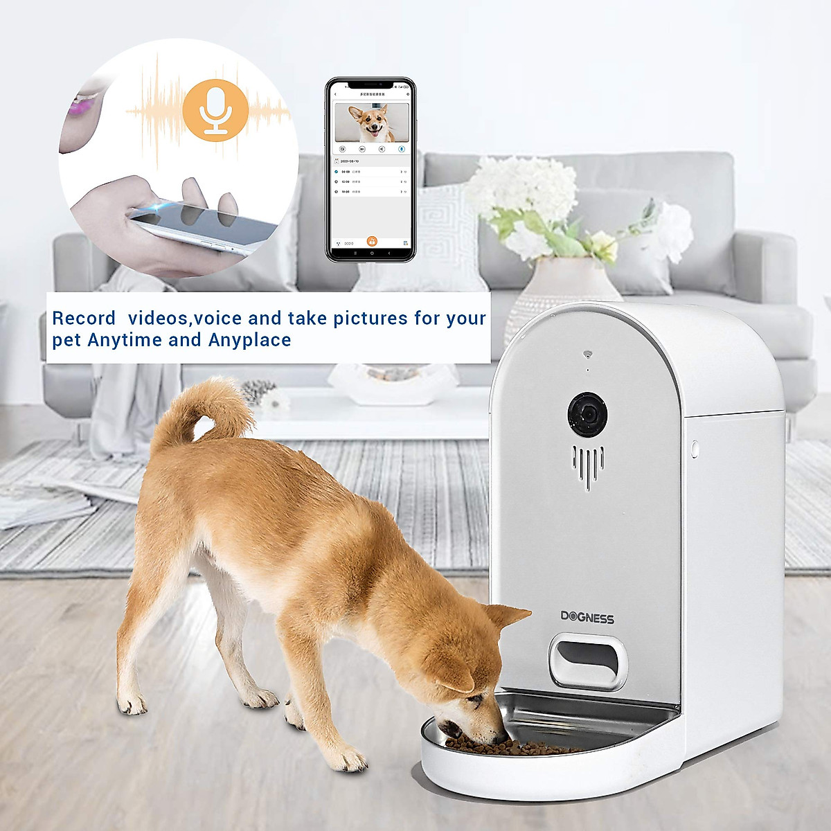 DOGNESS Automatic WiFi Dog/Cat Smart Camera Feeder - 6.5Lbs Large Capacity App Control Food Dispenser with WiFi, Portion Control, Voice Recording, Camera, Timer Programmable (6.5L, Grey)