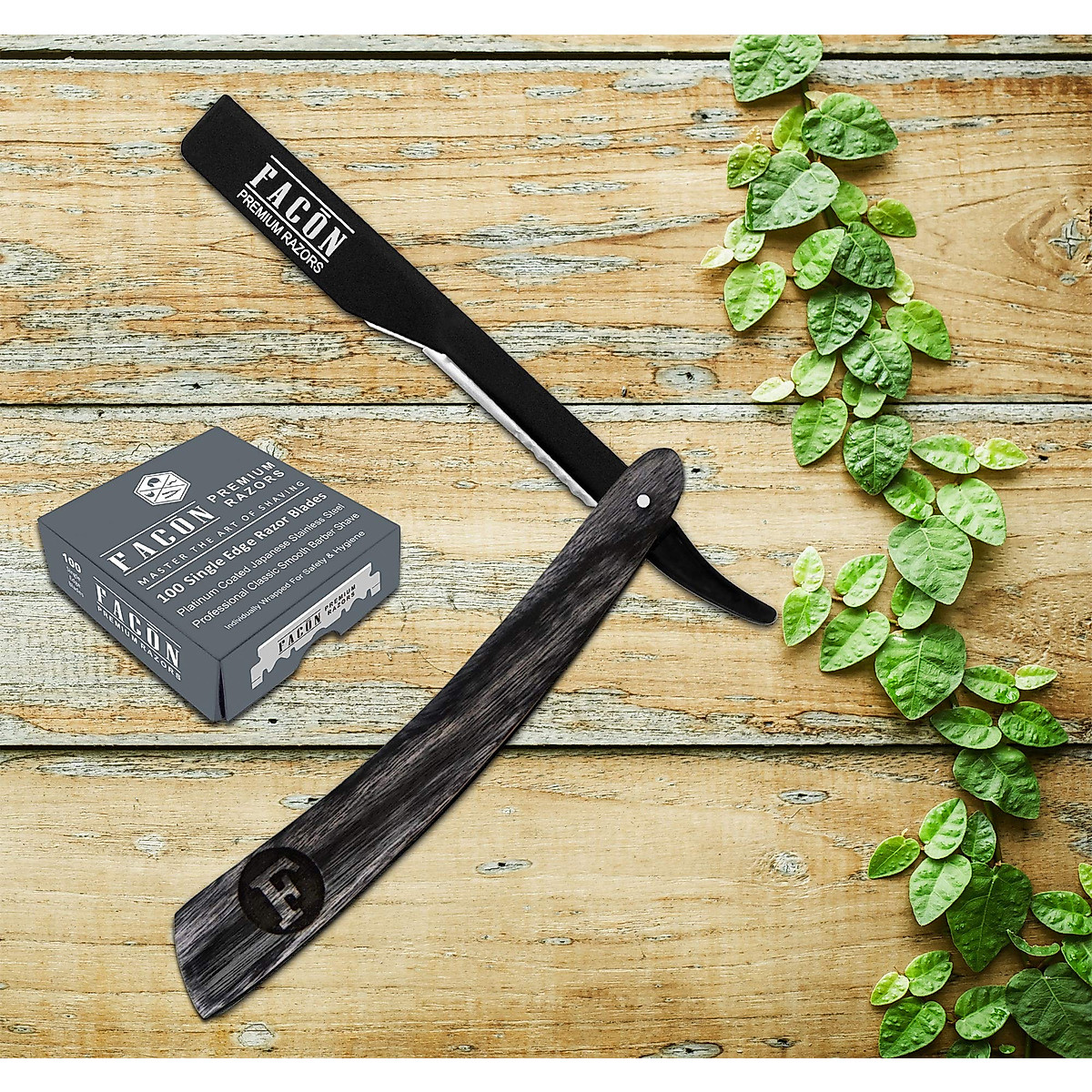 100 BLADES + Facón Professional Wooden Straight Edge Barber Razor - Salon Quality Cut Throat Shavette