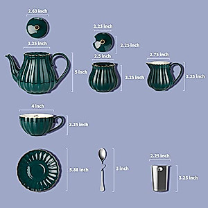 Amazingware Porcelain Tea Set - Tea Cup and Saucer Set Service for 6, with 28 ounces Teapot Sugar Bowl Cream Pitcher Teaspoons and Tea Strainer - for Thanksgiving - Pumpkin Fluted Shape, Dark Green