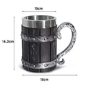 Ottalent Nordic Viking Mug,Oak Wooden Beer Stein Stainless Steel Liner,Nordic mythology Viking Runes Tankard Coffee Cup for Men Father’s Day Gift 18oz.