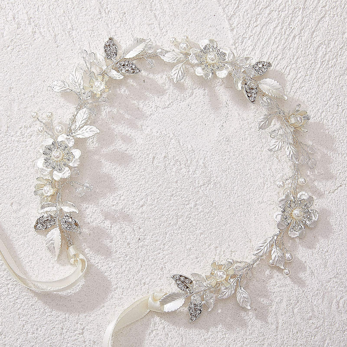 SWEETV Sliver Flower-Leaf Bridal Headpieces for Wedding Headband Bride Hair Pieces Crystal Flower Girl Hair Accessories