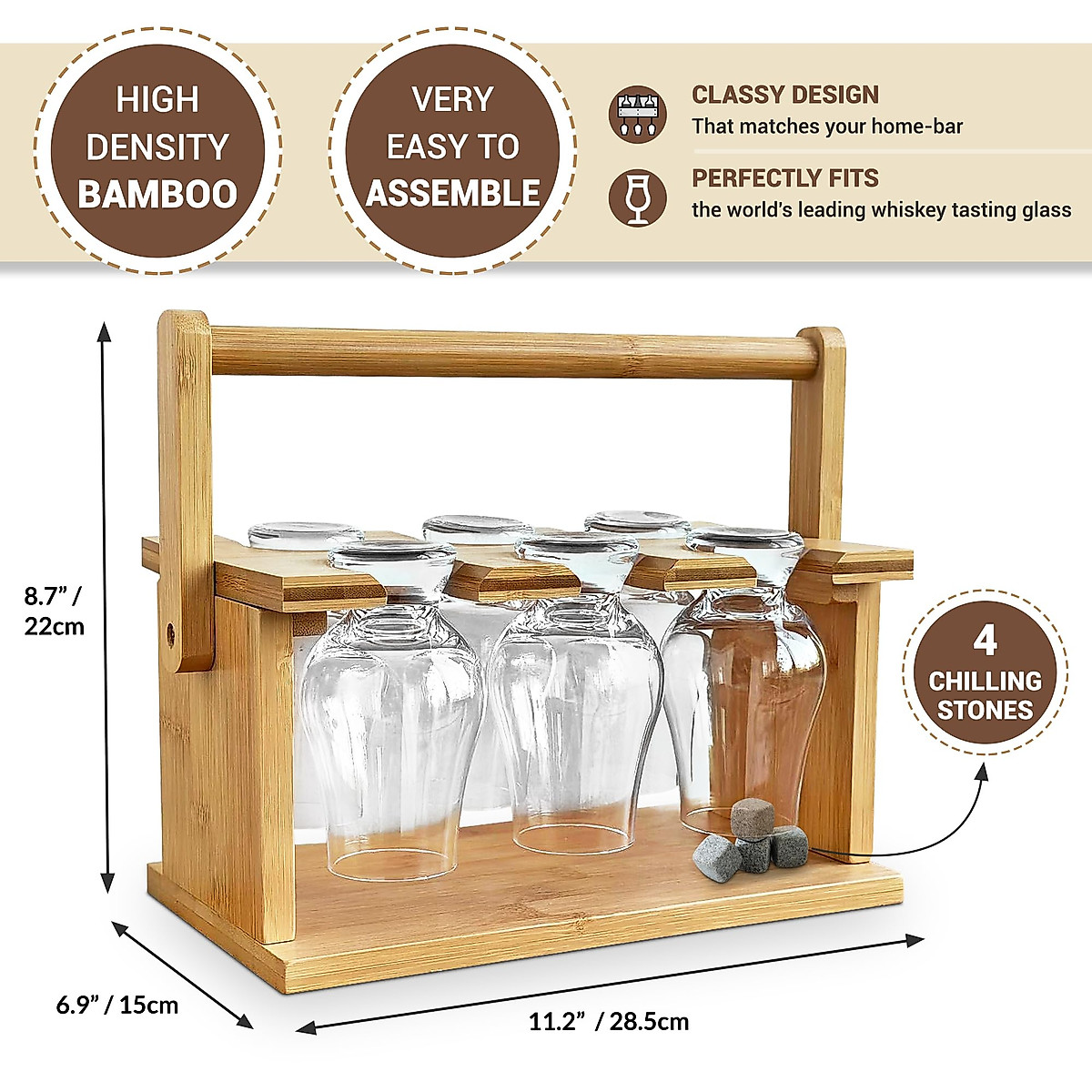 June Sizzle Whiskey Glass Holder Set and Drying Rack Gift - Whisky Glasses Cup Storage or Display Stand - Hardwood Bamboo Caddy Old Fashioned - Complete with 4 Chilling Stones