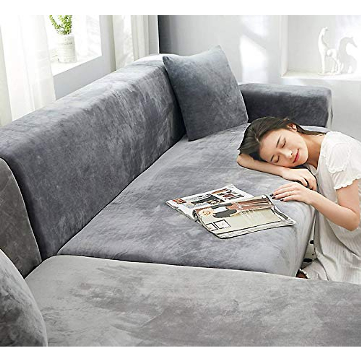 IMYOGI High Stretch Sofa Covers Velvet Sofa Cover Corner Sofa Cover Stylish Soft Durable Furniture Protector Couch Cover for 4 Cushion-4 Seater+4 Seater-Lake Blue