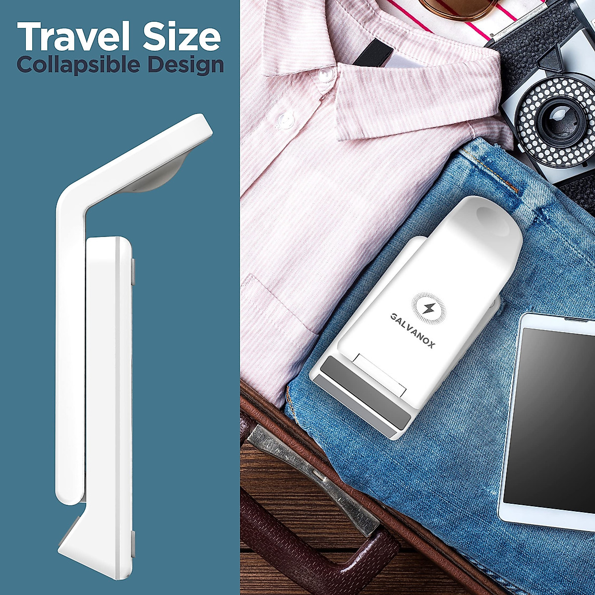 Galvanox 3-in-1 Wireless Charging Station with Alarm Clock for All Samsung Devices - Foldable Design with Nightlight - Compatible with Galaxy Phones/SmartWatch and Earbuds (White)