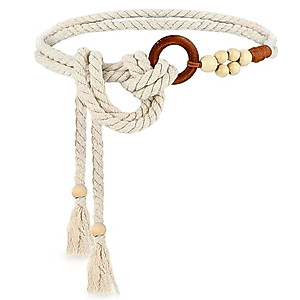 TIESOME Women's Tassel Braided Waist Belt, Skinny Woven Belt for Dress Waist Belt Rope Chain with Woven Wooden Beads for Women Girls Godness (White)