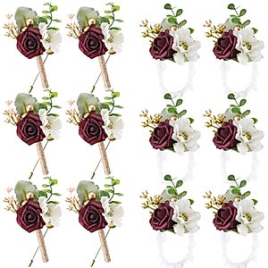 12 Pcs Wedding Wrist Corsage and Boutonniere Set Rose Wrist Corsage for Prom Boutonniere for Men Wedding Flowers Accessories Prom Suit Decorations for Wedding Ceremony Anniversary (Red)