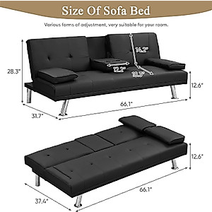 Anwickmak Convertible Futon Sofa Bed,PU Leather Modern Couch Loveseat Sleeper, Folding Daybed Guest Bed, Removable Armrests, 2 Cup Holders, Metal Legs (Black)