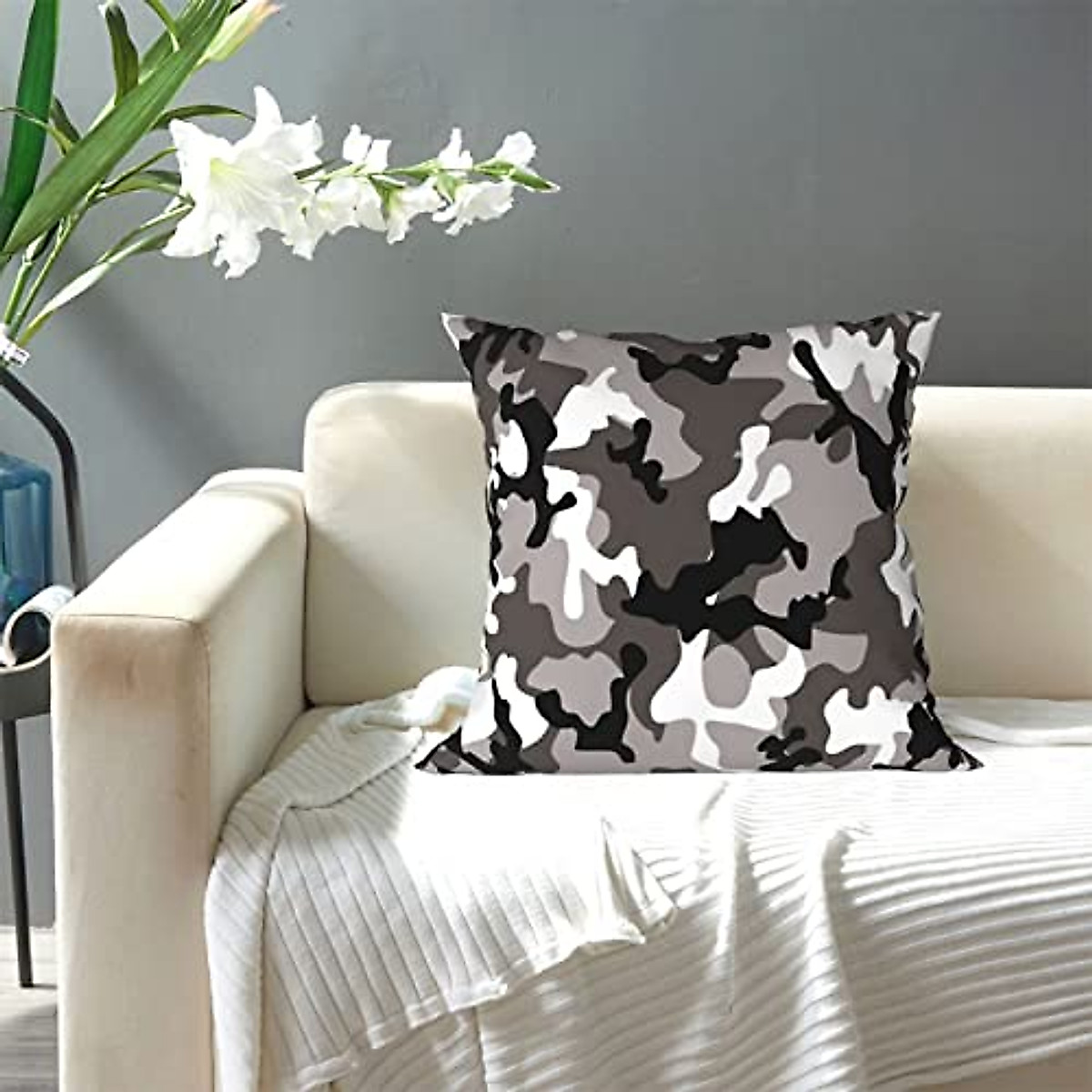 WURTON Black Grey White Camo Print Throw Pillow Covers, Soft Square Cushion Case,for Sofa, Couch,Bed Chair-18 X 18 Inch