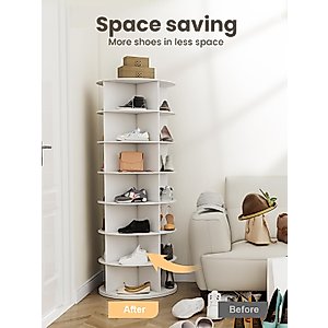 Toemics 7 Tier Rotating Shoe Rack Tower 28 Shelves, 360° Spinning Display Lazy Susan Organizer, Carousel for Shoes & Handbags, Easy Assembly, Includes 4 PCS Double-Layer Shoe Racks, White