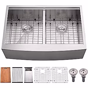 33 Inch Double Bowl Farmhouse Sink Workstation-Bokaiya 33x22 Stainless Steel Double Bowl Kitchen Sink Apron Front Sink 16 Gauge Deep 50/50 Low Divide Farm Sink with Cutting Board